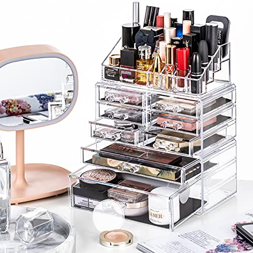 DreamGenius Makeup Organizer 3 Pieces Acrylic Cosmetic Storage Drawers Organizer for Vanity and Bathroom, Stackable Cosmetic Organizer Countertop with 8 Drawers