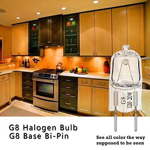 AHEVO G8 Light Bulbs 20Watt 120Volt Dimmable Halogen Light Bulb G8 Base Bi-Pin Shorter 20W T4 JCD Warm White Under Cabinet Puck Lighting Replacements,10Pack