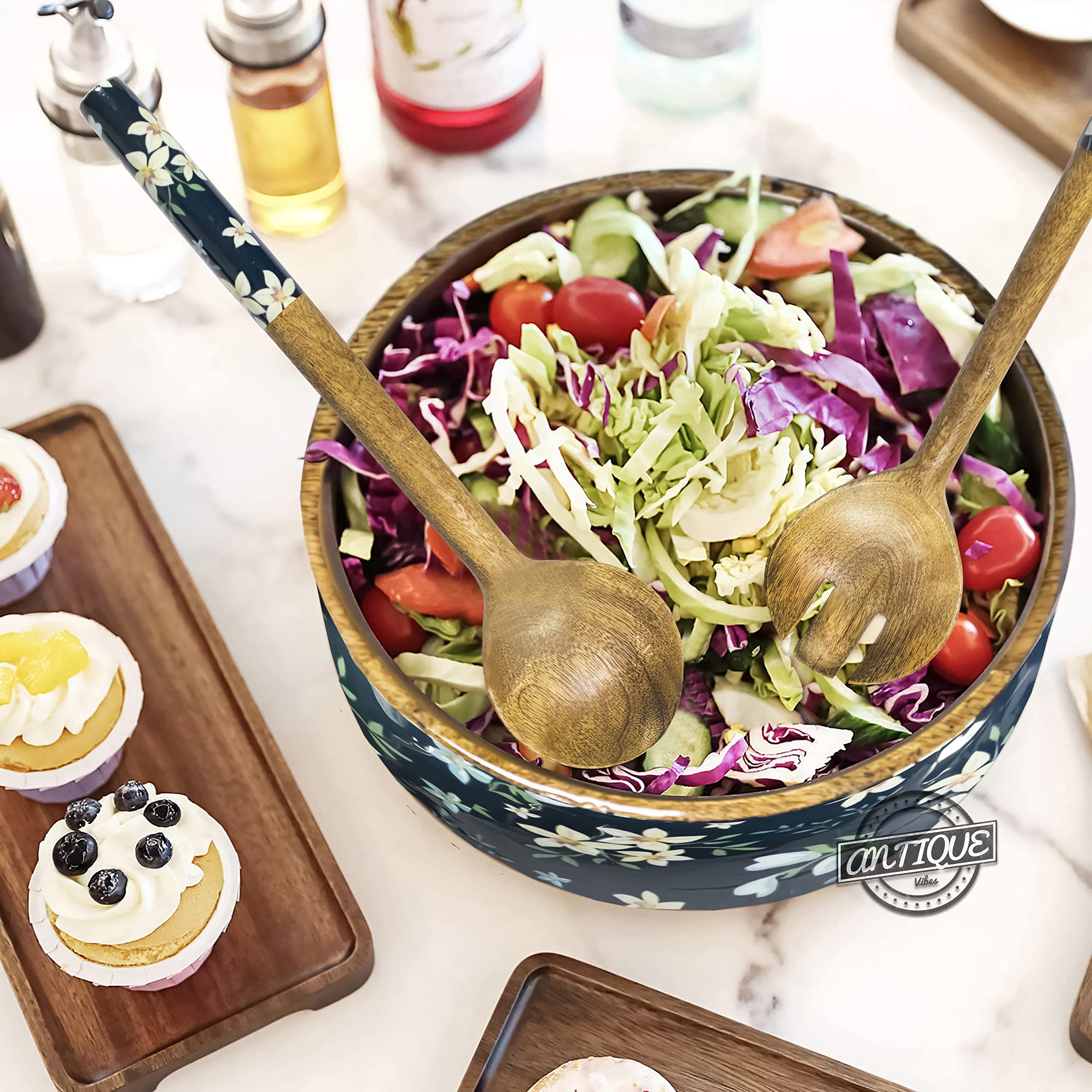 Antique Vibes Natural Wooden Serving Bowl with Tongs Set, Spoons & Fork Included, Premium Handcrafted Printed Bowl Utensils Gift For Mom/Women