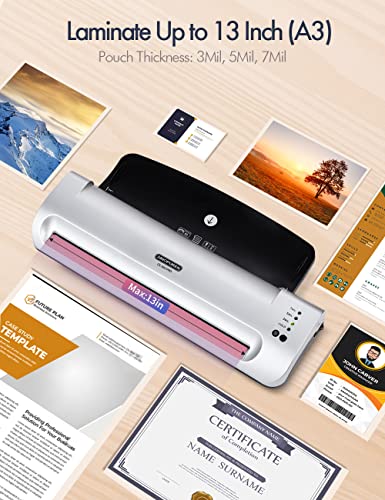 Sinopuren Thermal Laminator Machine and Laminating Pouches Bundle, 13-inch Wide Lamination 3mil 100pack, Letter Size, with Paper Trimmer, Corner Rounder, Quick Warm-Up, Cold and Hot