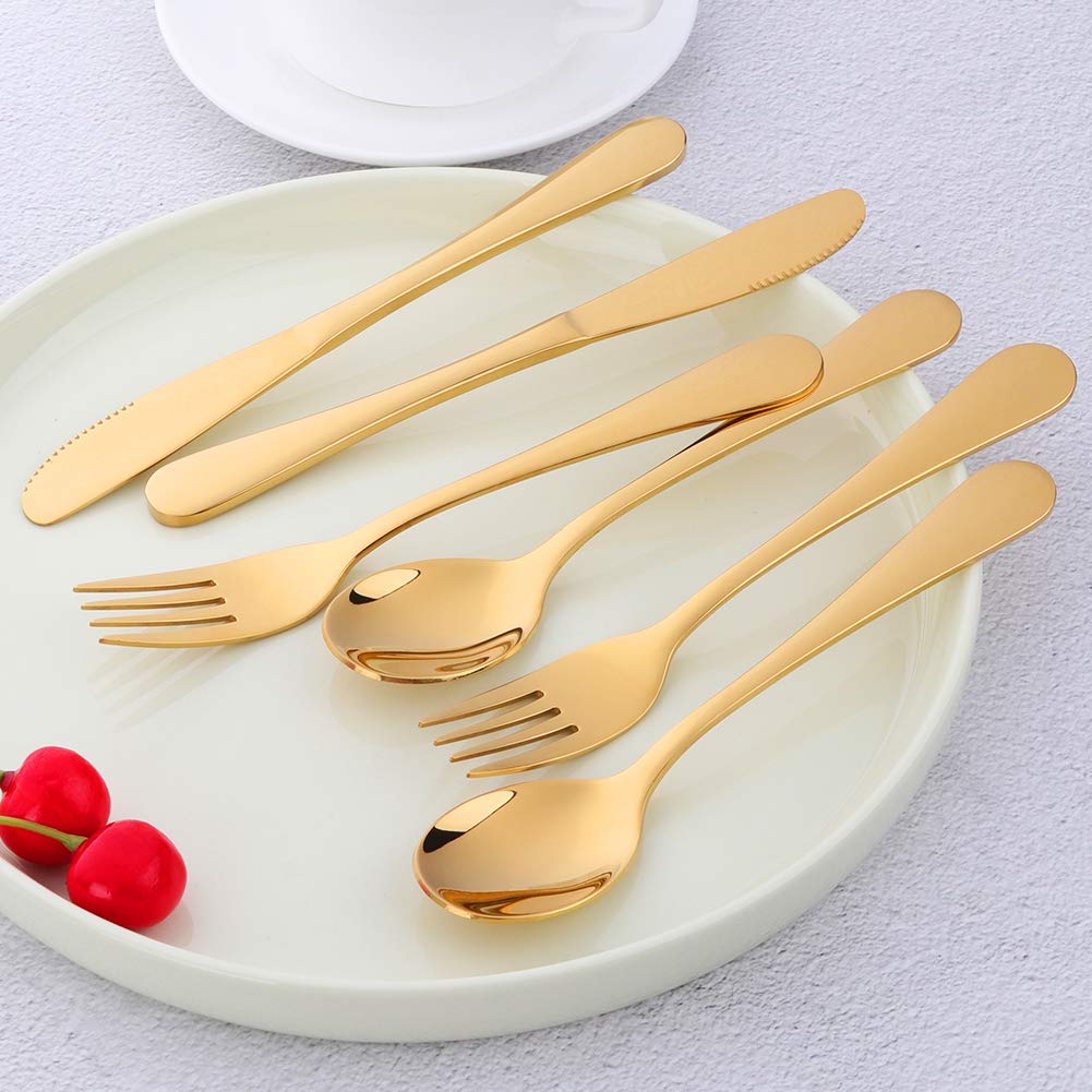 Bisda Flatware Silverware sets, 6pcs 18/8 Stainless Steel Student Cutlery Serving for 2, BPA-free Self-feeding Safe Kitchen Utensils, Mirror Polished (Gold)