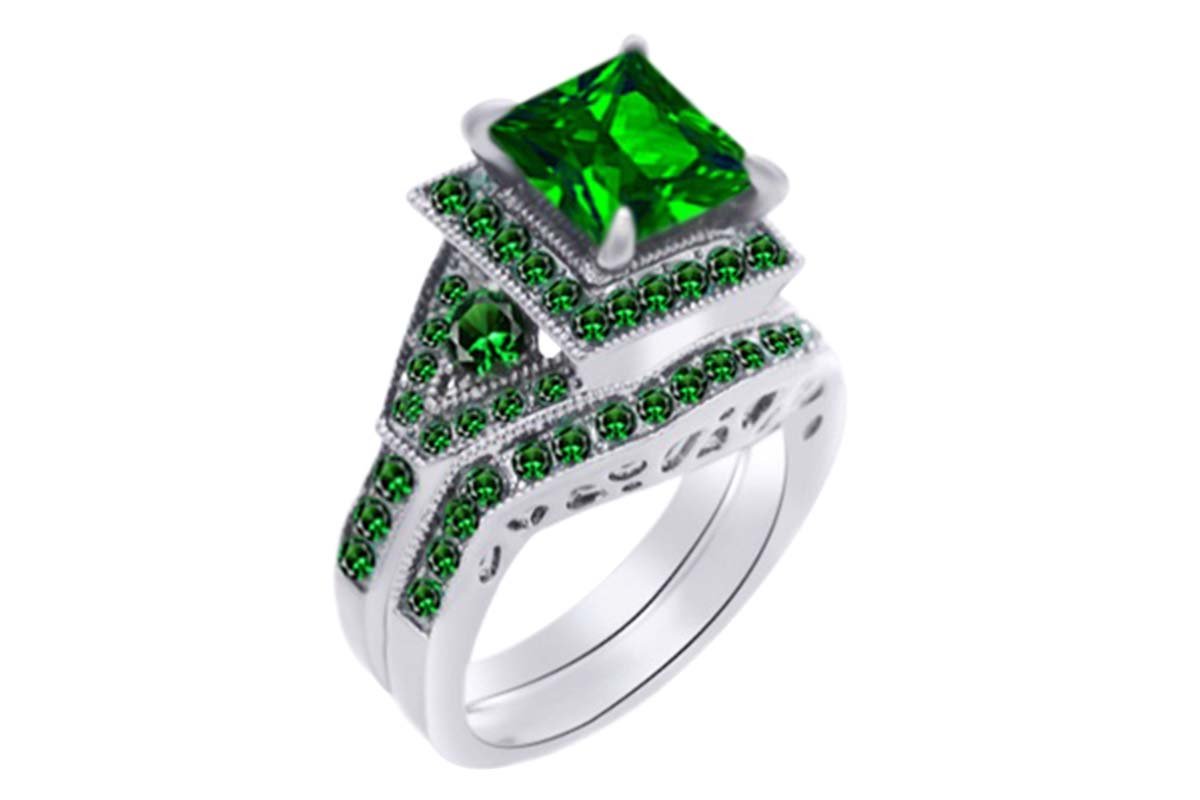 AFFY Princess & Round Simulated Emerald Solitaire Engagement Ring in 14k White Gold Over Sterling Silver Ring Size-12
