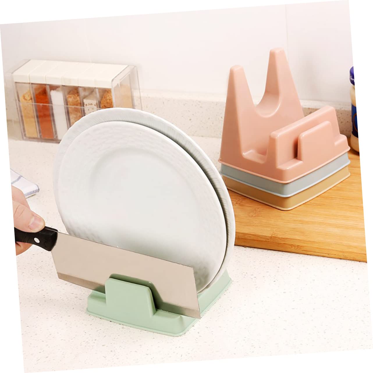 Anneome 2pcs Plastic Green Pan Lid Rack, Pot Cover Organizer, Storage Holder for Kitchen