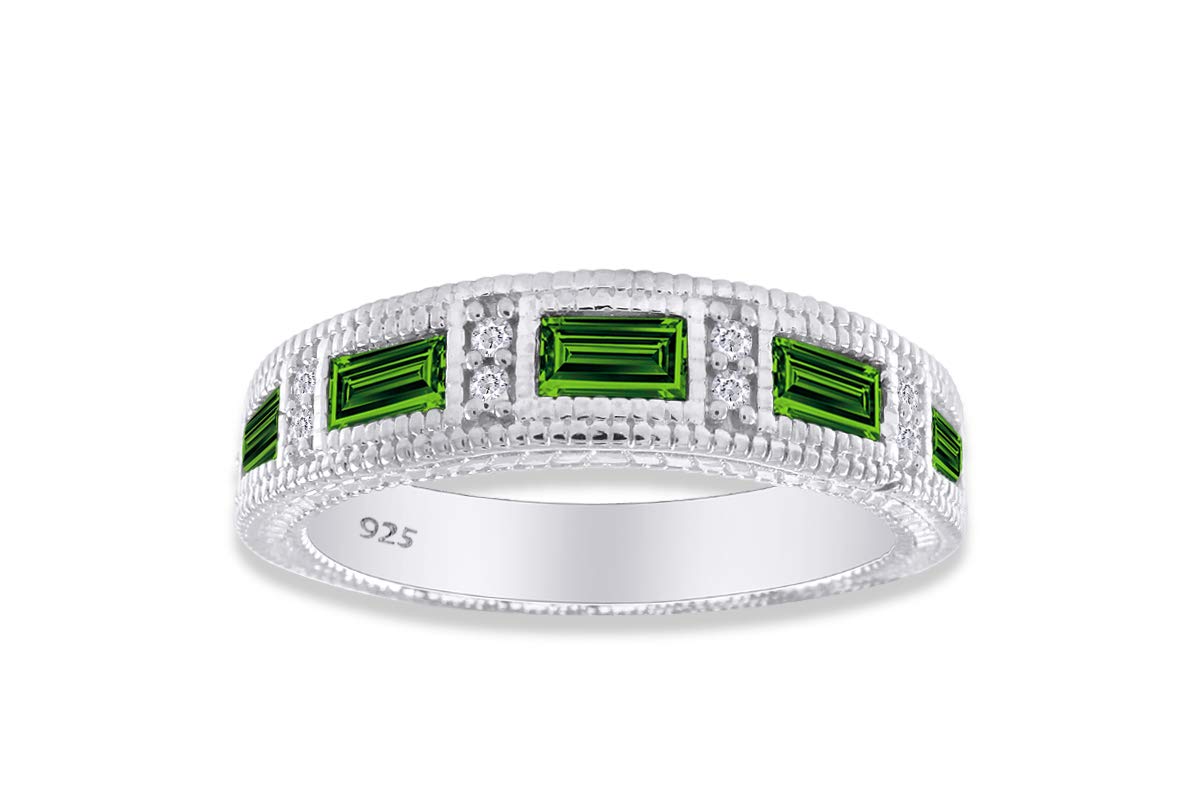 AFFY Emerald Shape Simulated Green Emerald Eternity Band Ring in 14K White Gold Over Sterling Silver, Ring Size: 9.5