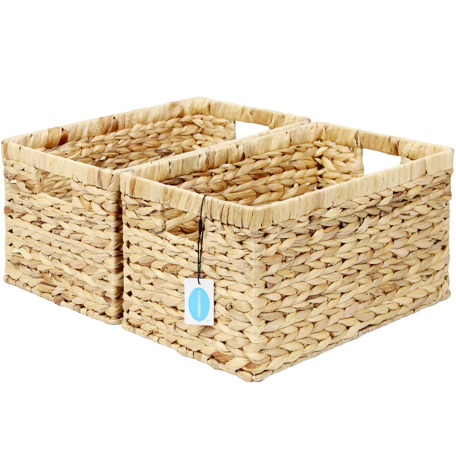 Casaphoria large Square Irregular Hyacinth Storage Baskets Natural Hand Woven Water Hyacinth Basket Durable Trapezoid Sundries Baskets with Built-in Wooden Handles Funnel Basket，2-Pack