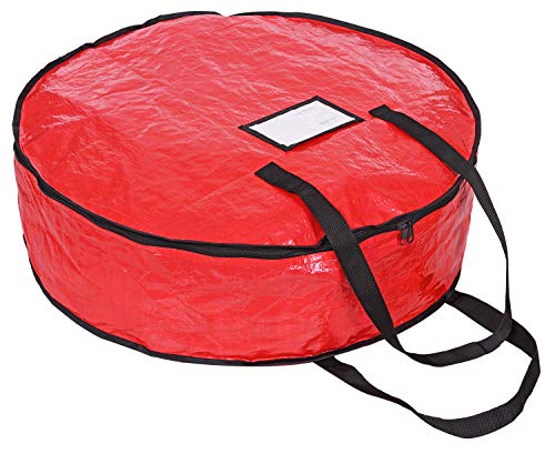 ProPik Christmas Wreath Storage Bag 24" - Garland Holiday Container with Tear Resistant Material - Featuring Heavy Duty Handles and Transparent Card Slot - 24β X 7β (Red)