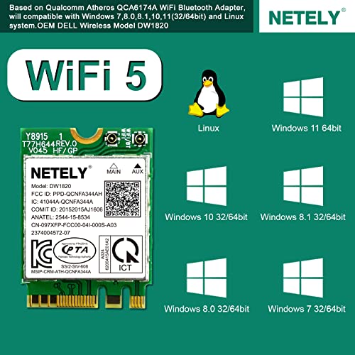 NETELY IEEE 802.11AC NGFF M2 Interface 1200Mbps Dual Band WiFi Adapter for Laptop PCs, NGFF M2 WiFi Card with Bluetooth 4.2, OEM DELL Wireless Network Adapter DW1820