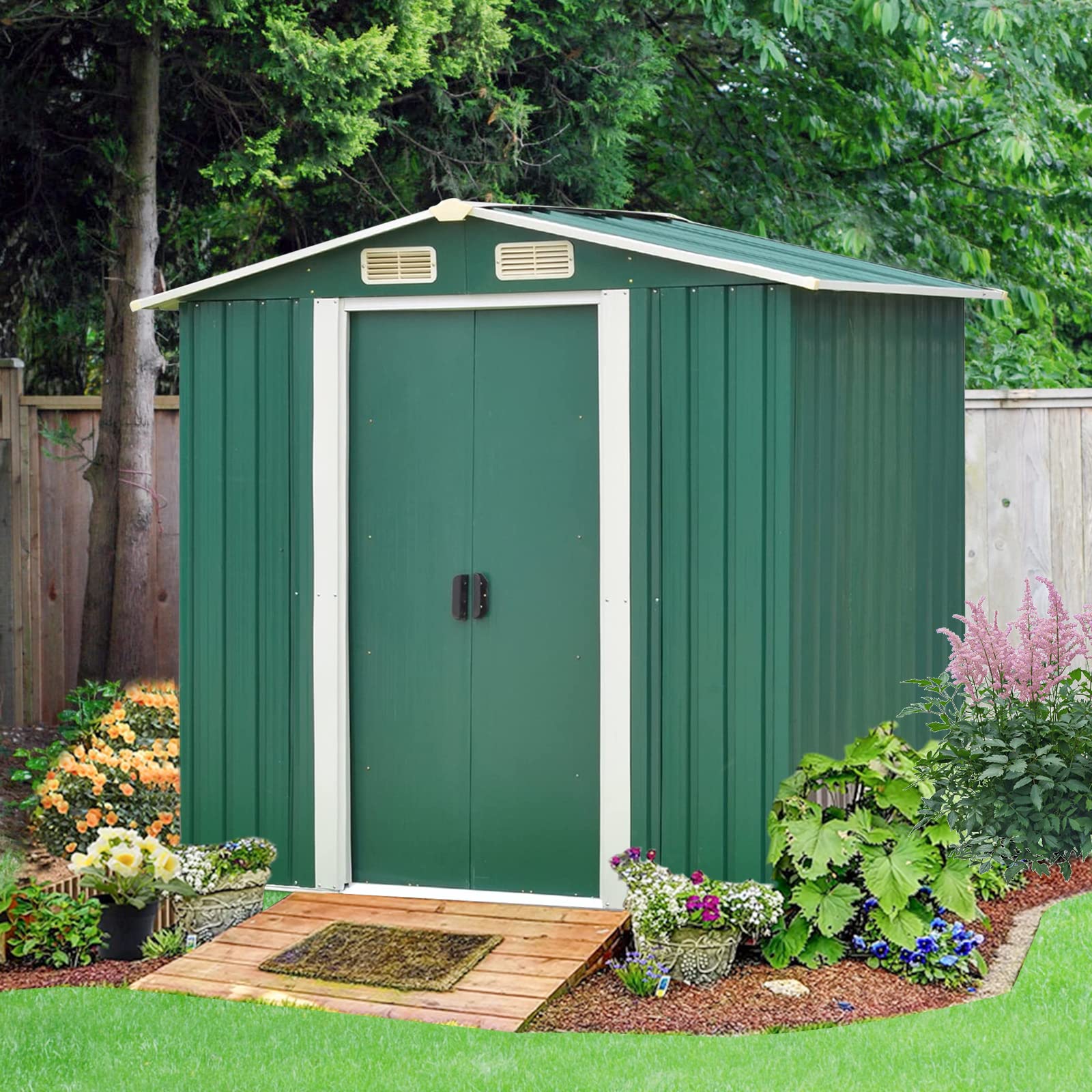 Steel Garden Storage Shed 6' x 4' - Utility Tool House with Vents Garden Storage House Metal Shed for Patio (Green)