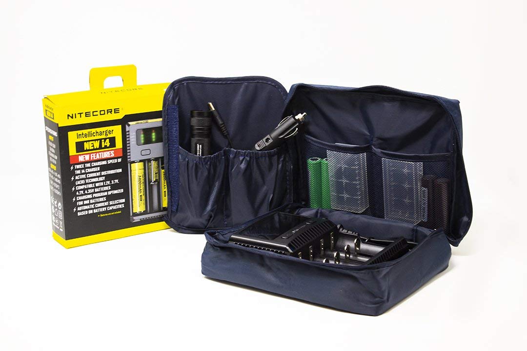 Nitecore New i4 Intelligent Charger for Li-ion Ni-MH AA AAA 18650 16340 26650 Batteries with Travel Bag and Battery Organizer