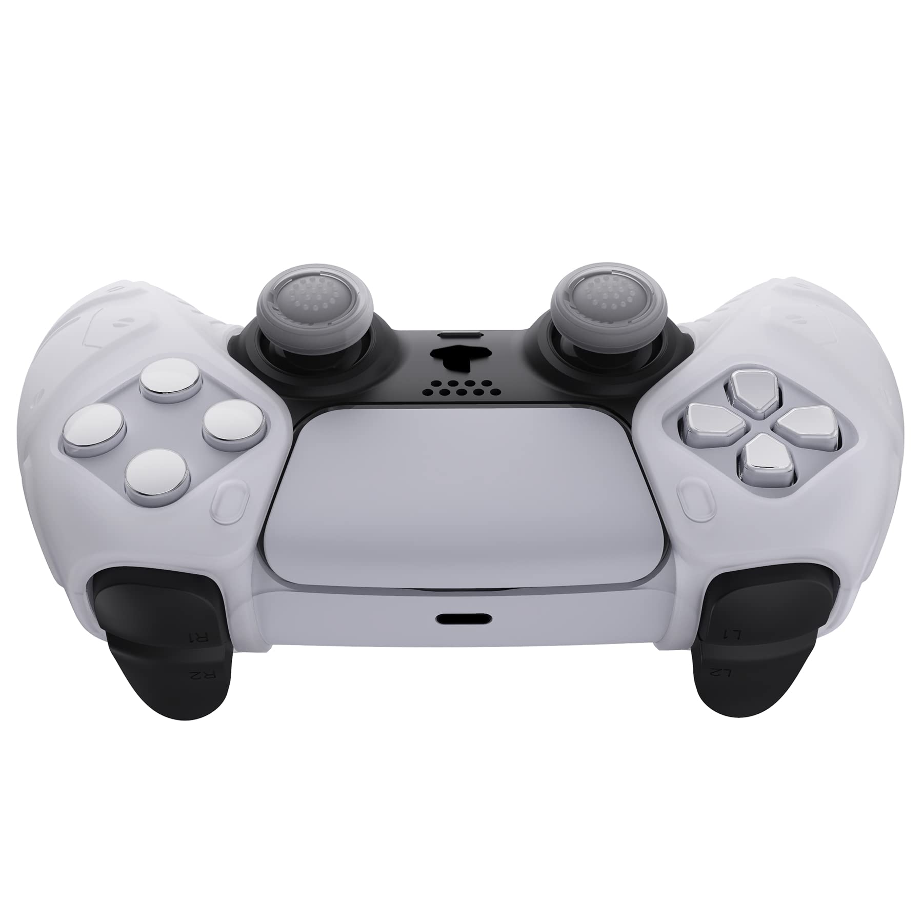 PlayVital Mecha Edition Clear White Ergonomic Soft Controller Silicone Case Grips for ps5, Rubber Protector Skins with Thumbstick Caps for ps5 Controller - Compatible with Charging Station