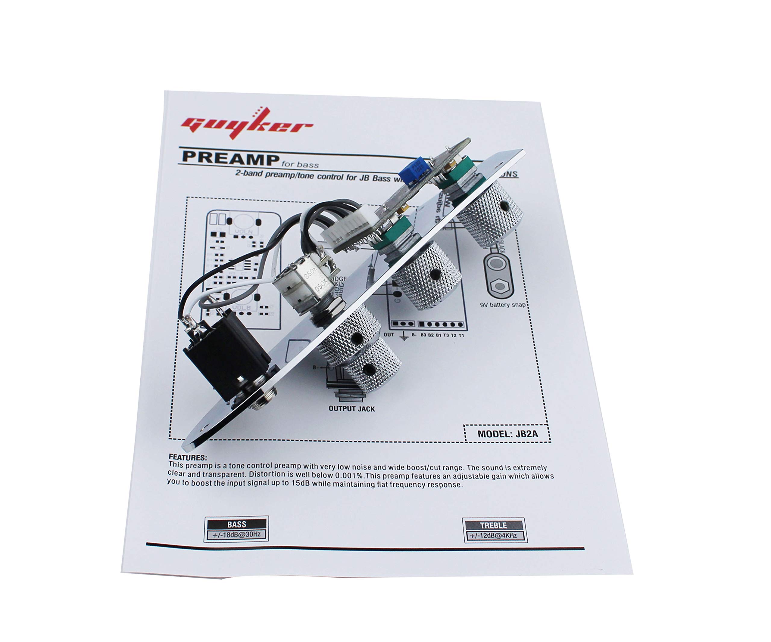 Guyker 2-Band Preamp/Tone Control with Adjustable Gain for JB Bass (with Jazz Bass Control Plate, Dome Control Knobs and Stacked Knob)