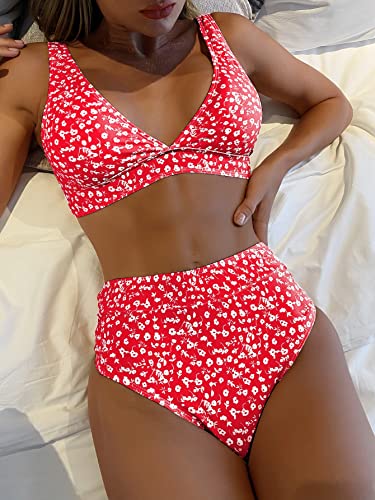 Floerns Women's High Waist Bikini Swimsuit Floral Print V Neck Bathing Suit Watermelon Pink L