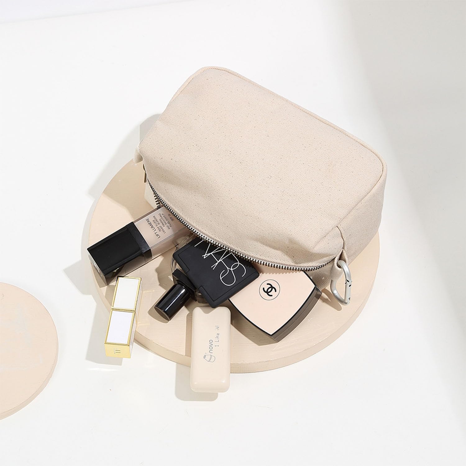 YONBEN Organizer Bag -Lightweight Cosmetic Bag with Ring Clasp, Perfect Travel Makeup Bag for Women,nylon Stand Up Design (Beige/Canvas)