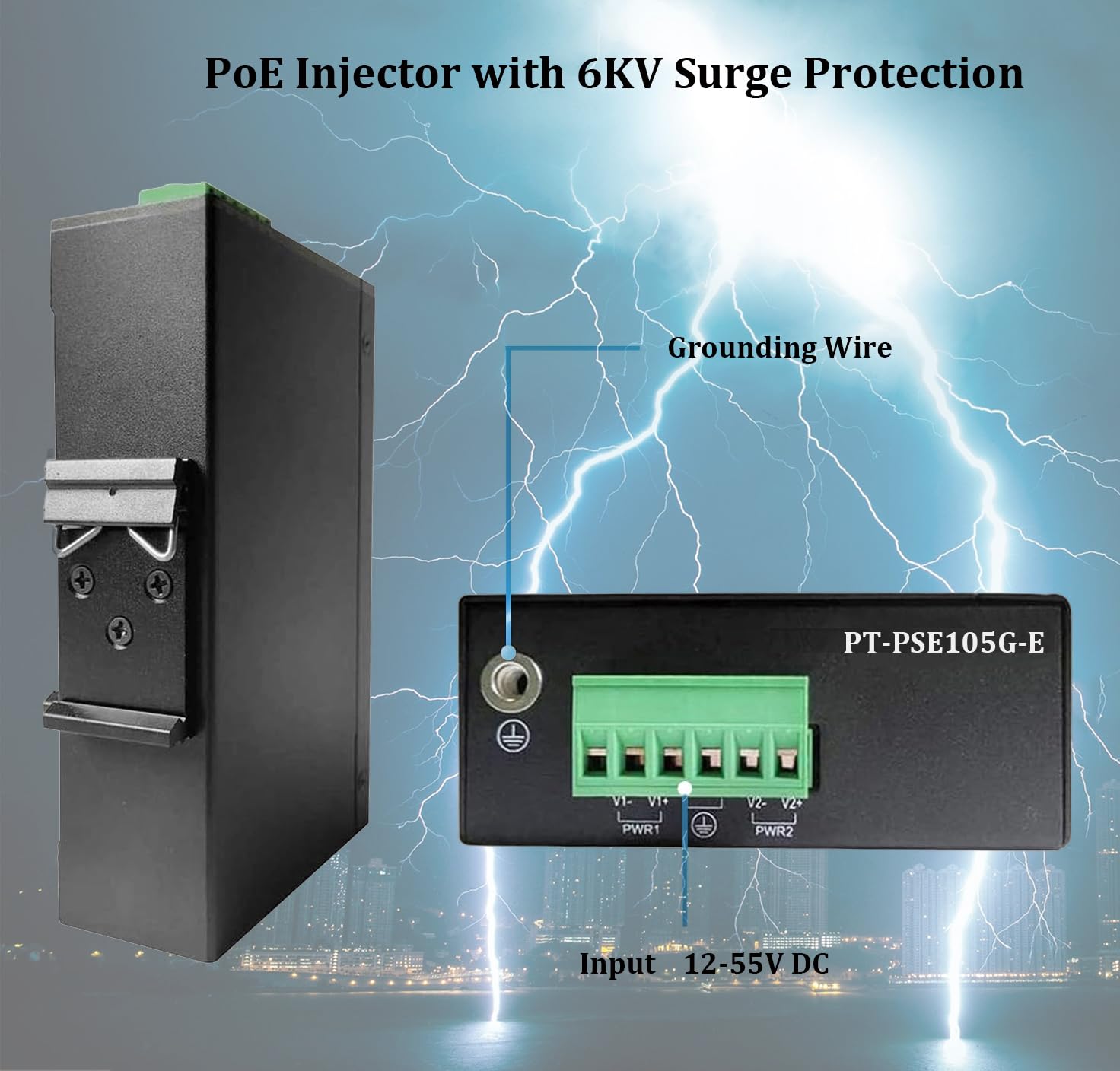PROCET DIN Rail PoE Injector 30W Industrial IEEE802.3at/ PoE+ Power Injector, 6KV Surge Protection, Wide Working Temperature -40℉ to 149℉, PT-PSE105G-E
