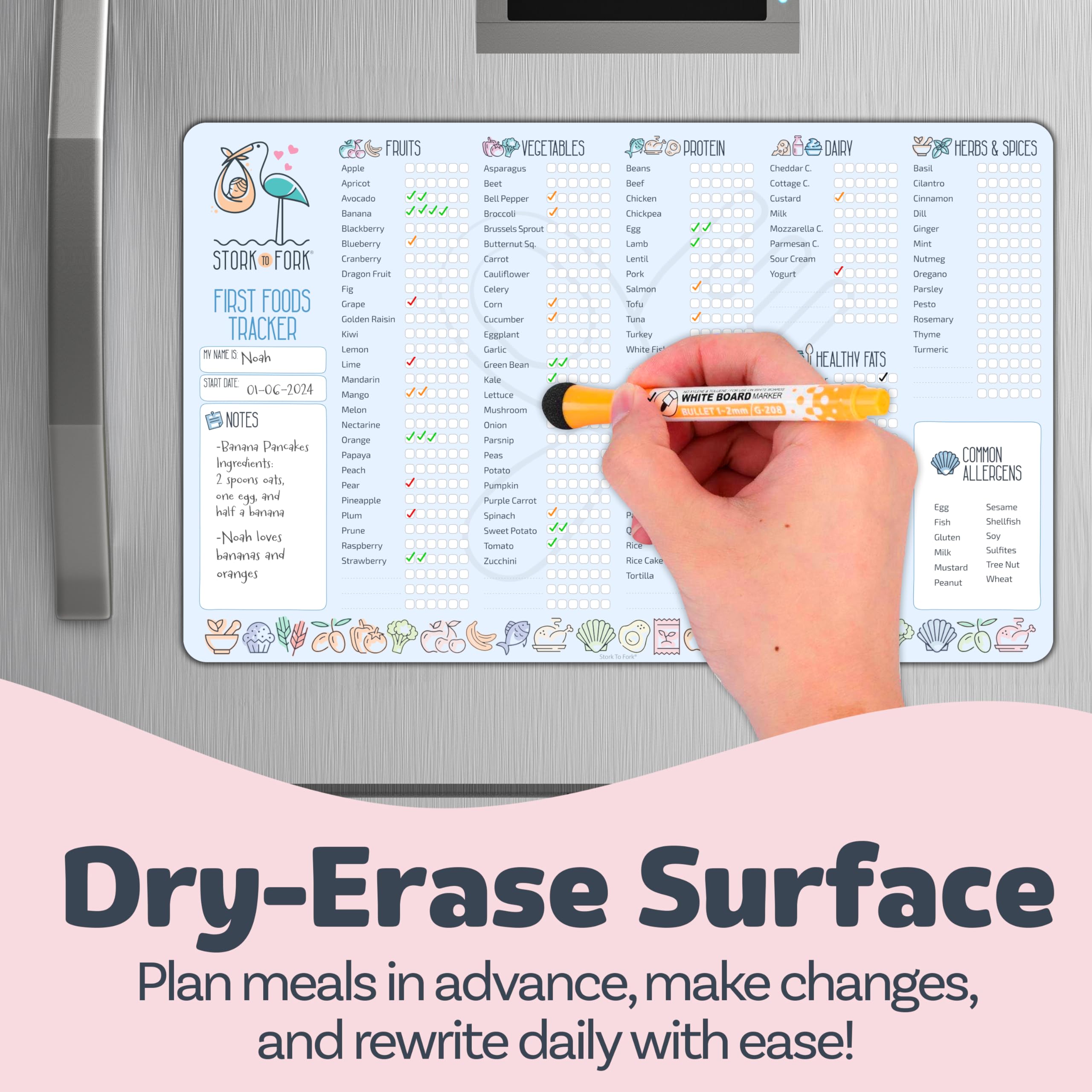 Baby First Food Tracker, Magnetic Meal Planner, Fridge Grocery Shopping List Chart (3 in 1) - Dry, Erase Menu Planner, Strong Stickiness on Refrigerator - 11.6โx8.2โ, Gray- Baby's Led Weaning Supplies