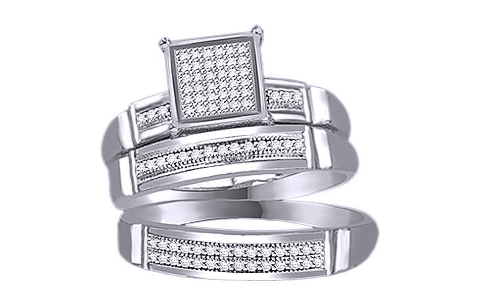 AFFY White Natural Diamond Wedding & Engagement Trio Band Ring Set in 10k Solid White Gold (0.25 Cttw)