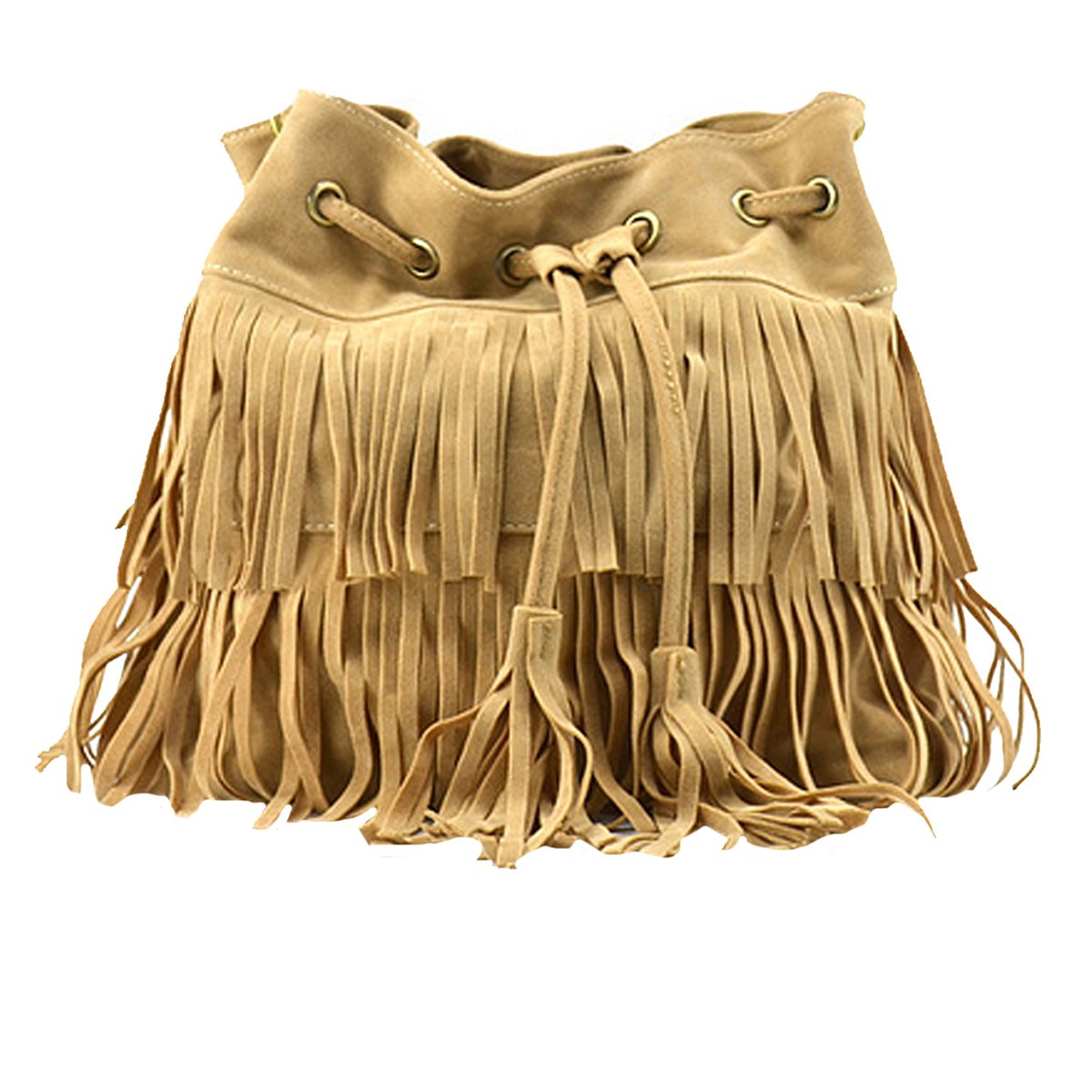 Heidi Women's Fringed Bucket Purse Tassel Faux Suede Shoulder Bag Ring Top-Handle Crossbody Bag Apricot