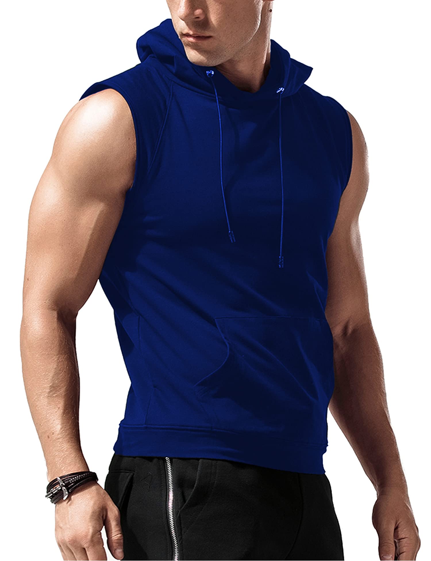 Aixdir Sleeveless Shirts for Men Casual Hoodie Tank Tops Gym Workout with Pocket Royal Blue L