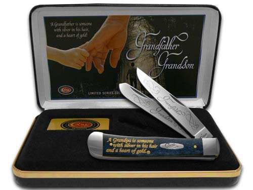 CASE XX Grandfather and Grandson Smooth Blue Bone Trapper Stainless Pocket Knife Knives