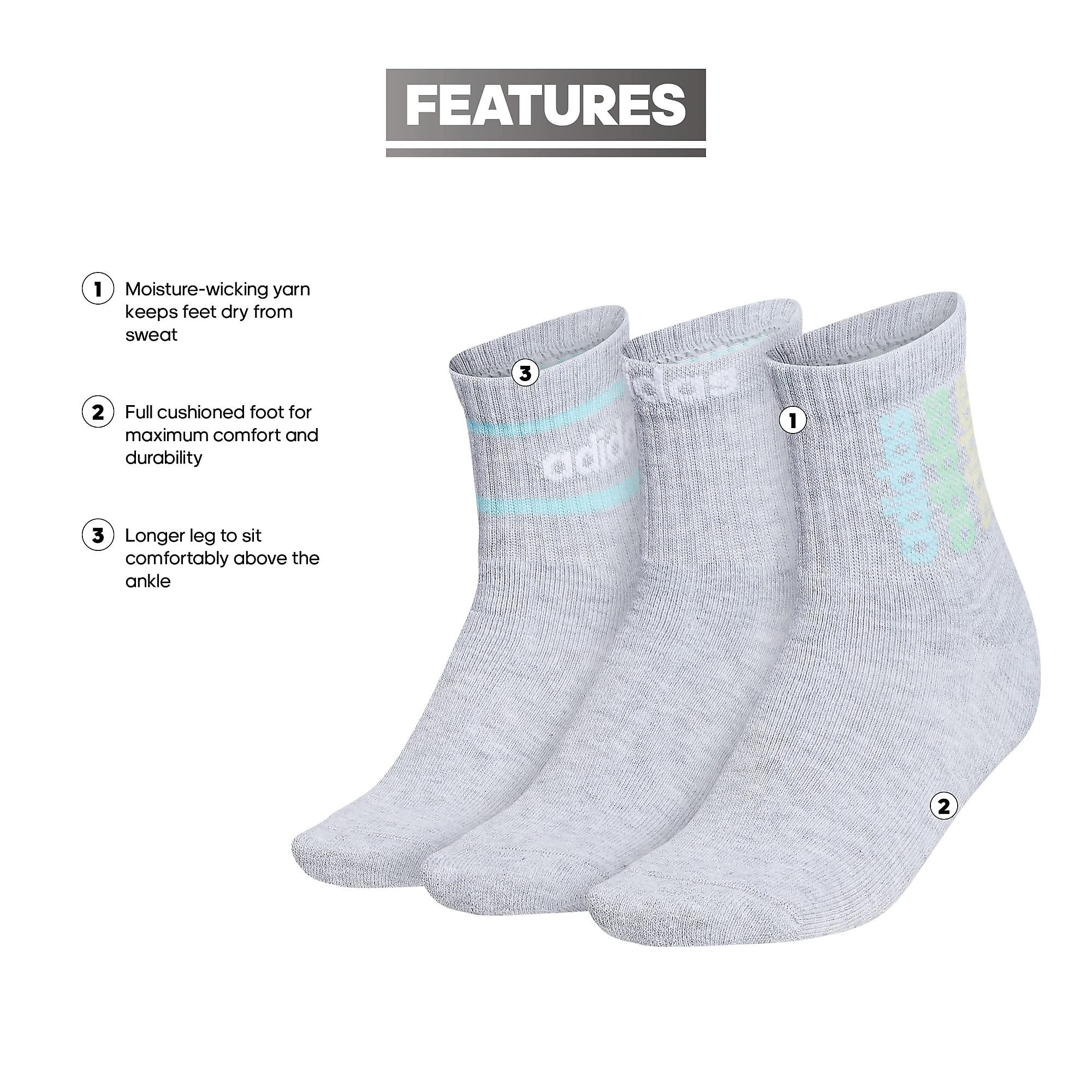 adidas Women's Sport Linear High Quarter Socks (3-Pair), White/Pulse Lilac Purple/Bliss Pink, Medium