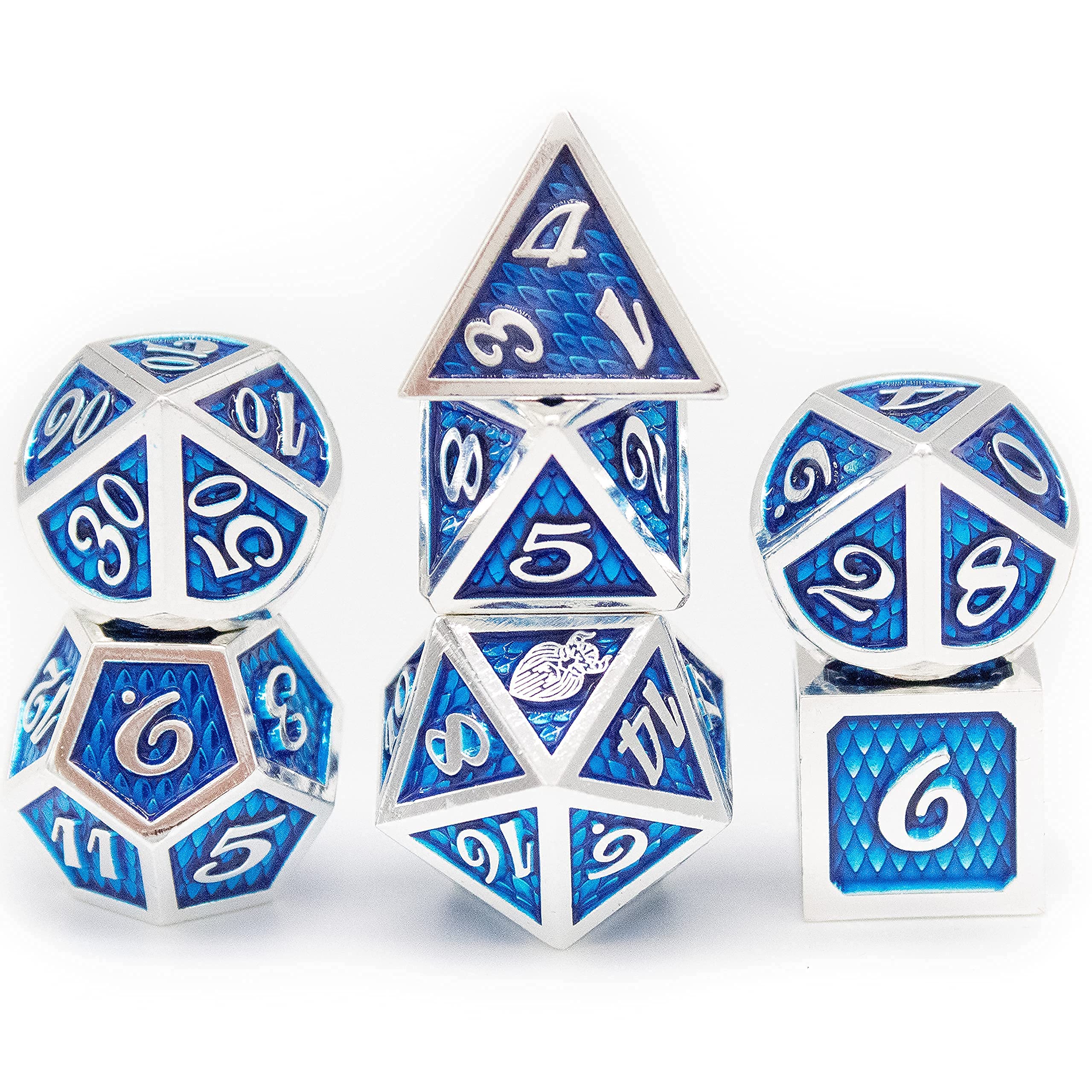 HEIMDALLR Metal DND Dice Set 7 pcs - Dragonhide Design, 16mm Size, Logo on D20; Metal Dice Set & Dice Box; D&D Dice Set D&D (Dungeons and Dragons Dice Set) - Jormungandr Series (Frosteater)