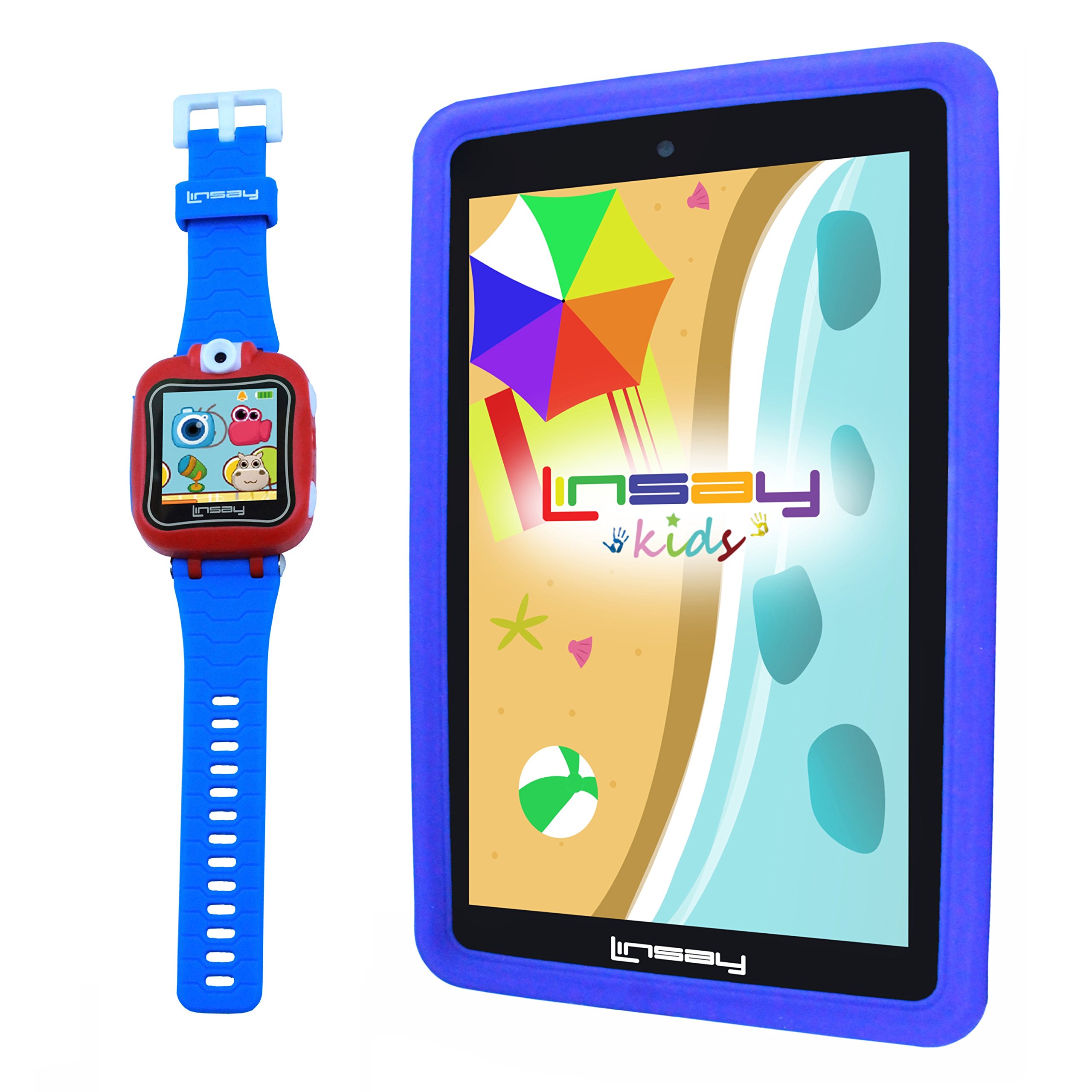 LINSAY® 7" Kids Funny Tablet Blue with 1.5" Kids Smartwatch 90 Degree Selfie Camera Blue