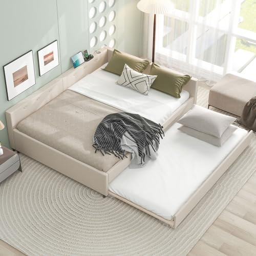 CABSETT Queen Size Upholstered Platform Bed with Trundle, Wood Daybed Frame Sofa Bed with USB for Bedroom Living Room Guest Room, Wood Slat Support, Space Saving Design, Beige