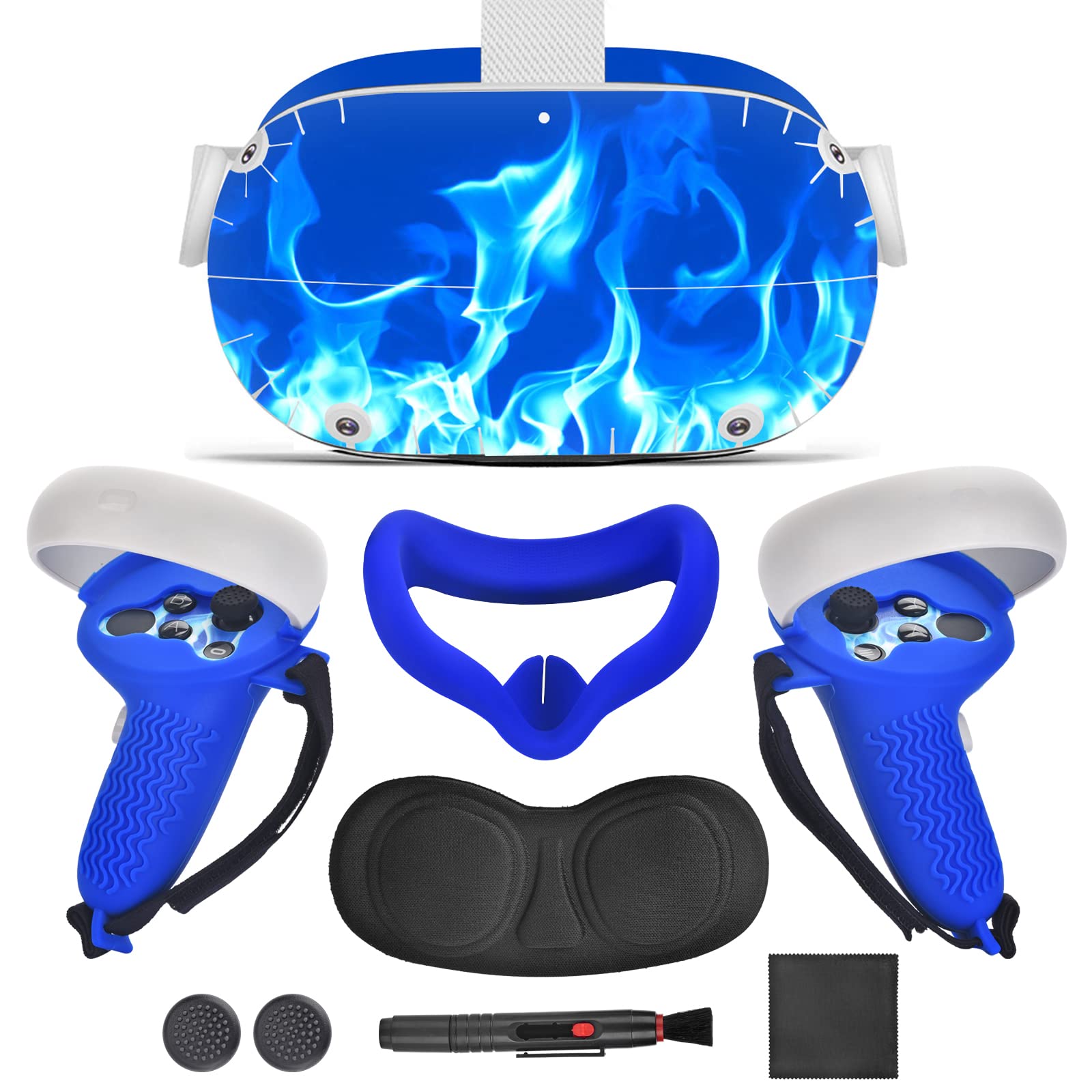 Ahroy Silicone Controller Grip Quest 2 Accessories with VR Headset Controller Skin, Lens Cover, VR Headset Lens Cleaning Pen, Microfiber Cloths, Thumb Button Cap, Silicone Face Cover (Blue)