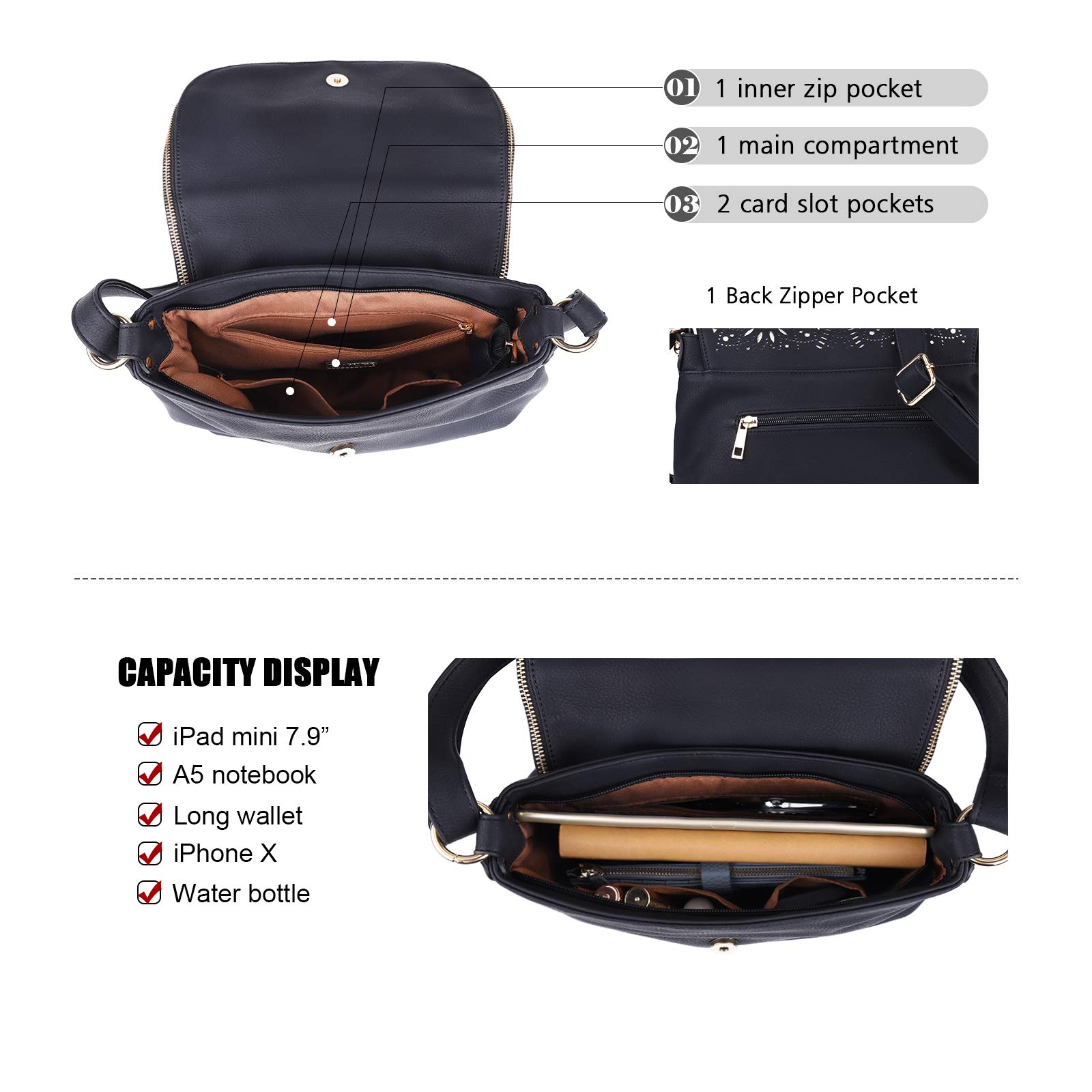 AFKOMST Boho Crossbody Bags for Women Large Size Soft Vegan Leather Over Shoulder Purses and Messenger Satchel Handbags,Multi Pockets,Black