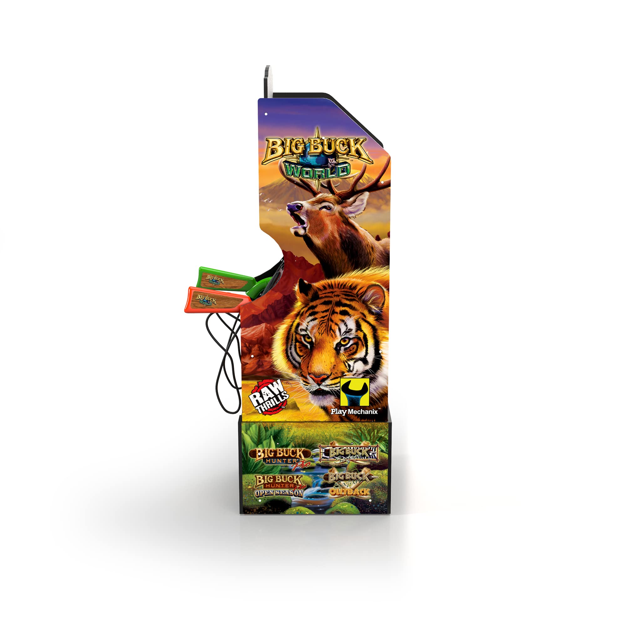 Arcade1Up Big Buck World Arcade Machine, 4-Foot — 2 Player Arcade Game Machine for Home — Includes Branded Arcade Game Riser, 4 Games in 1, and 2 “Light Gun” Game Rifles