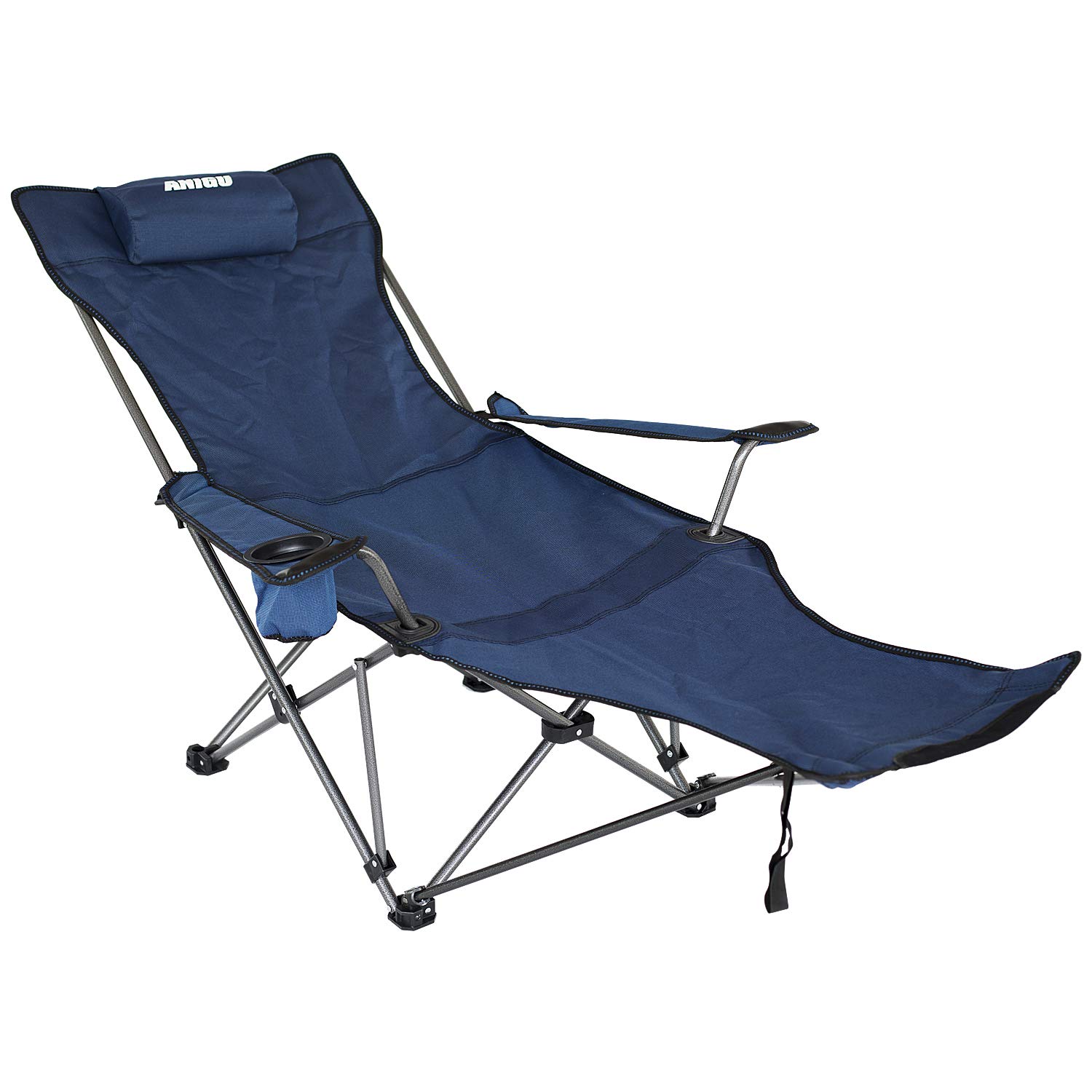 ANIGU Outdoor Folding Camp Chair with Footrest and Arms Reclining Oxford Fabric Lawn Chairs (Blue)