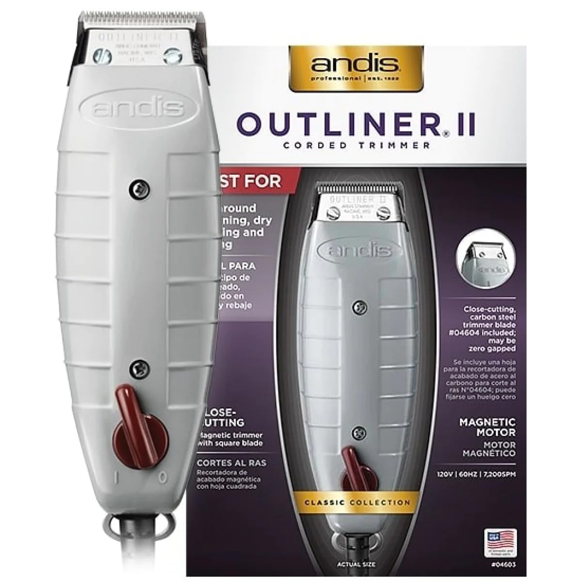 Andis 04603 Professional Outliner ll Square Blade Beard Trimmer - Blade Zero Gapper, Carbon Steel Blade - Grey, Pack of 1