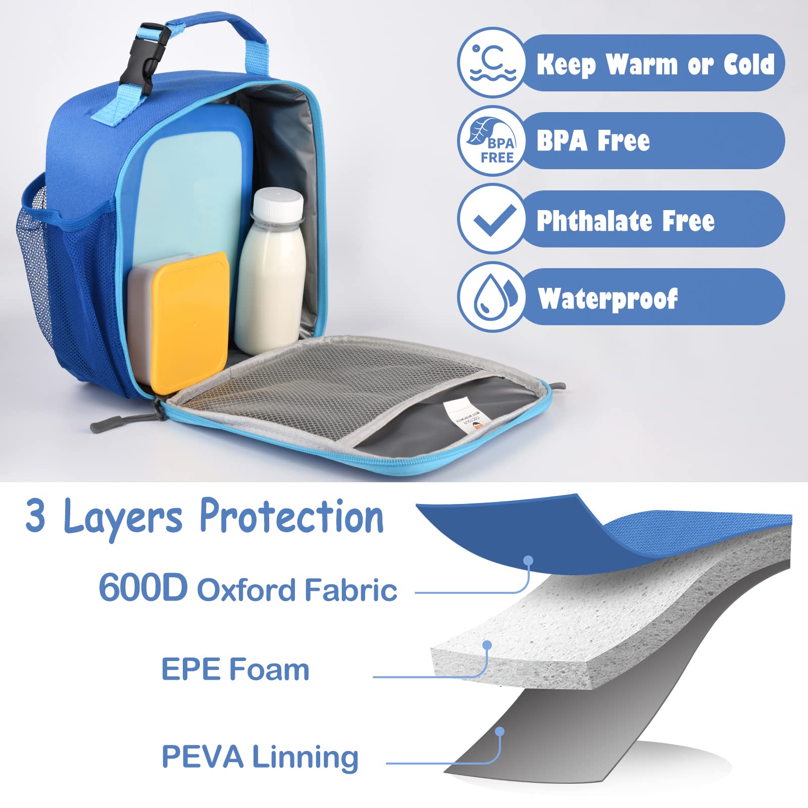 CaCTOUR Lunch Box Kids,Premium Insulated Lunch Bag for Girls Boys,Soft Bag Mini Cooler Back to School Thermal Reusable Lunch Bag for Work School Picnic (Blue)