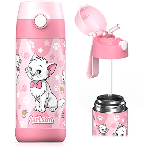 JARLSON kids water bottle with straw - CHARLI - insulated stainless steel water bottle - thermos - girls/boys (Cat 'Star', 12 oz)