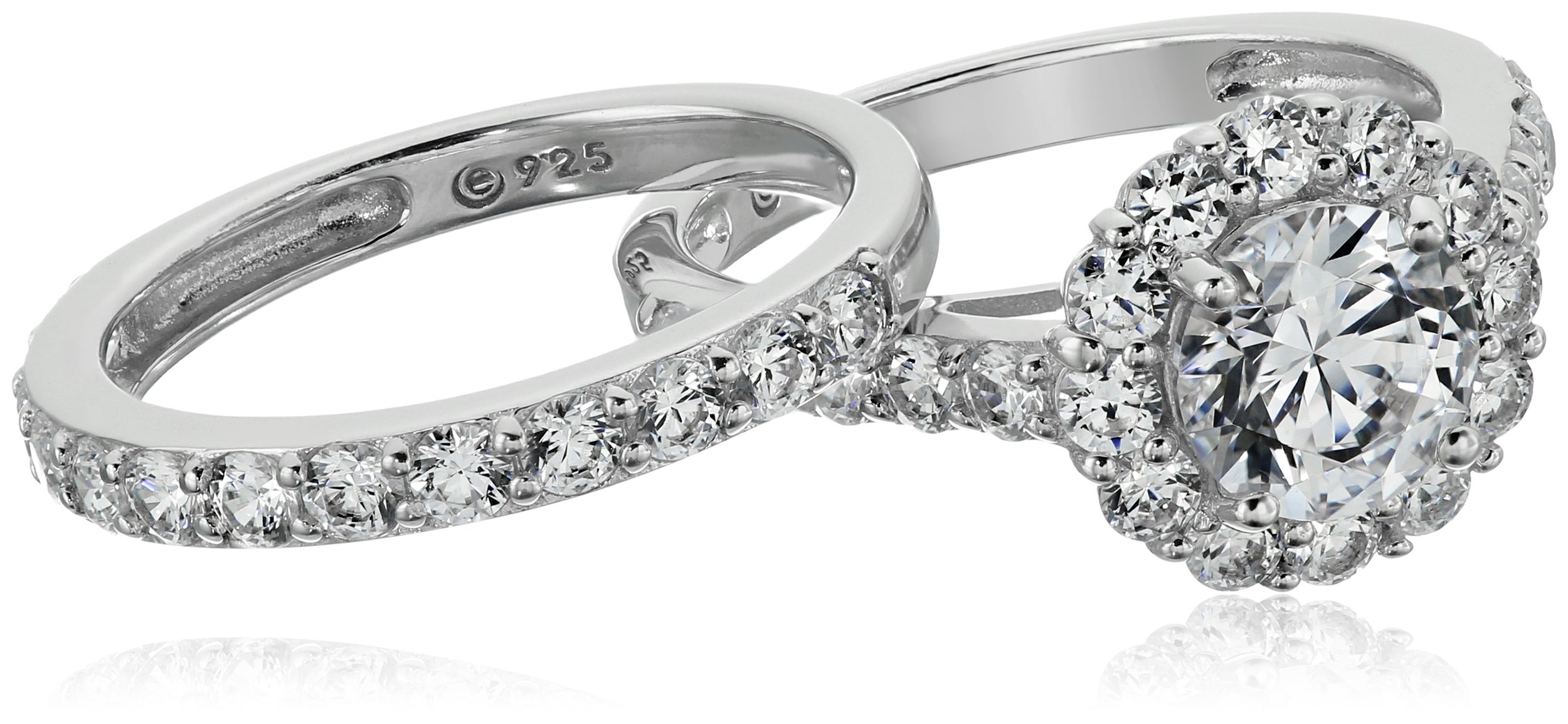 Amazon Essentials Platinum Plated Sterling Silver Flower Halo Ring set with Infinite Elements Cubic Zirconia (2.9 cttw), Size 6, (previously Amazon Collection)