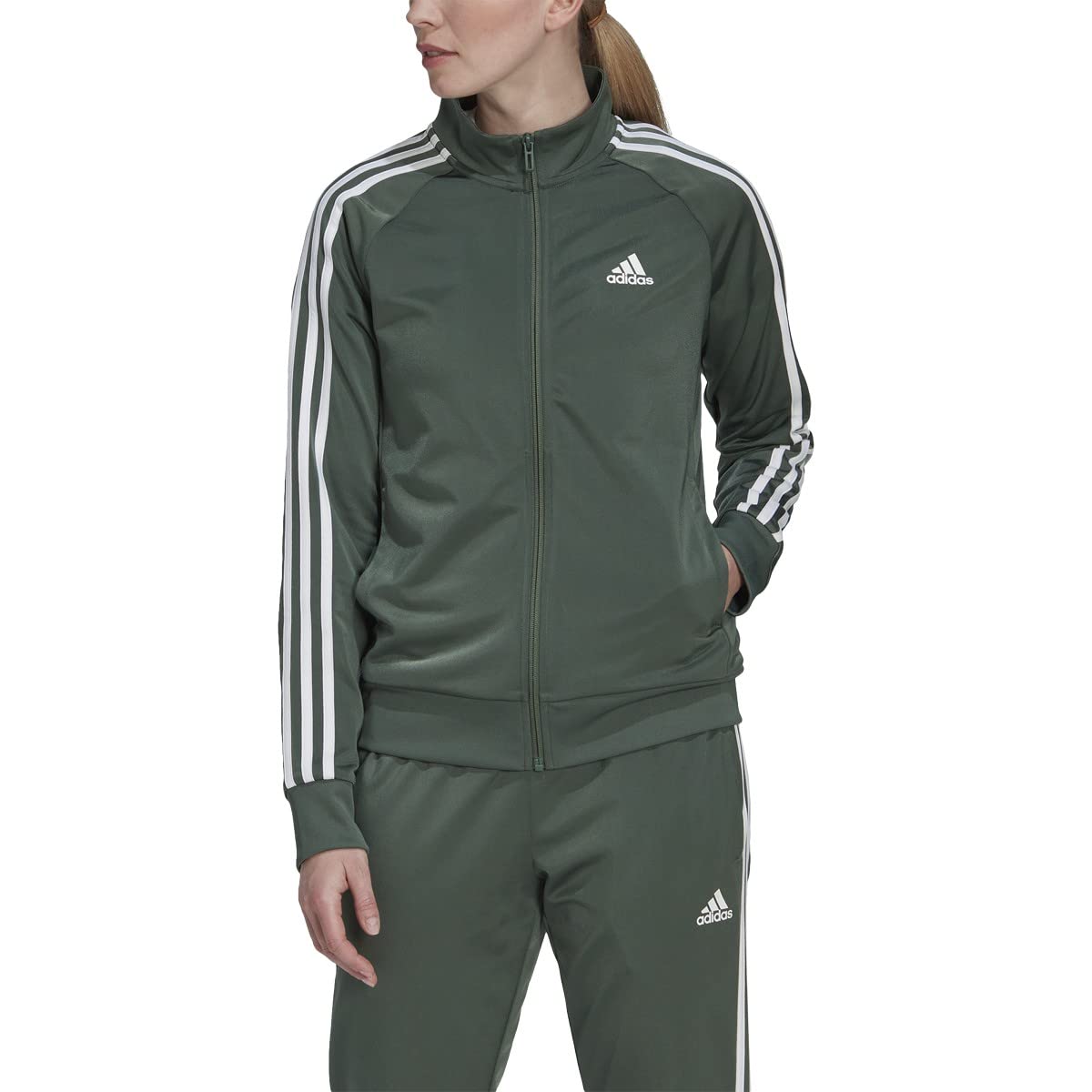 adidas Women's Essentials Warm-Up Slim 3-Stripes Track Jacket, Green Oxide/White, X-Large