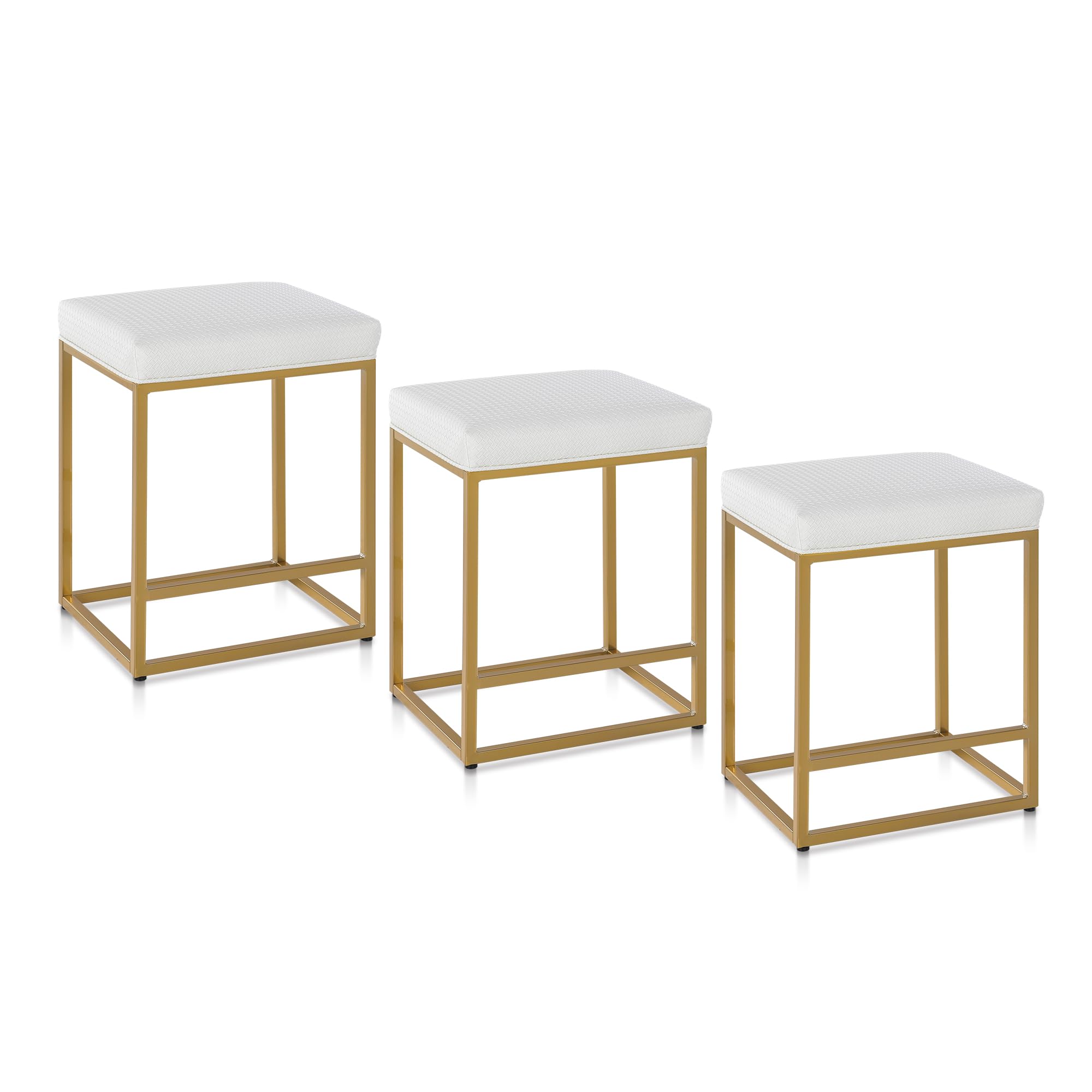 ALPHA HOME 24 Inch Counter Height Bar Stools Set of 3, Upholstered Bar Stools for Kitchen Island, Counter Stools with Faux Leather Cushion and Sturdy Metal Frame, Modern Barstools, White and Gold