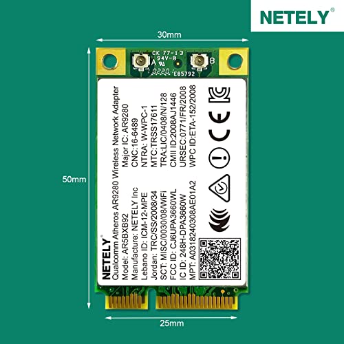 NETELY IEEE 802.11N Mini-PCIE Interface Dual Band 600Mbps WiFi Adapter for Laptop PCs and Desktop PCs, 2.4GHz 300Mbps and 5GHz 300Mbps, Qualcomm Atheros Wireless AR9280 Network Adapter (AR9280)