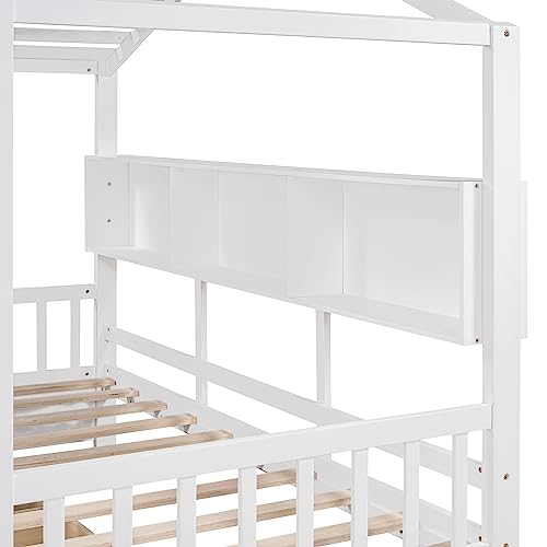Demofit House Bed with 2 Drawers, Wooden Bed Frame with Storage Shelf and Roof for Bedroom,No Boxspring Required (Twin, White)
