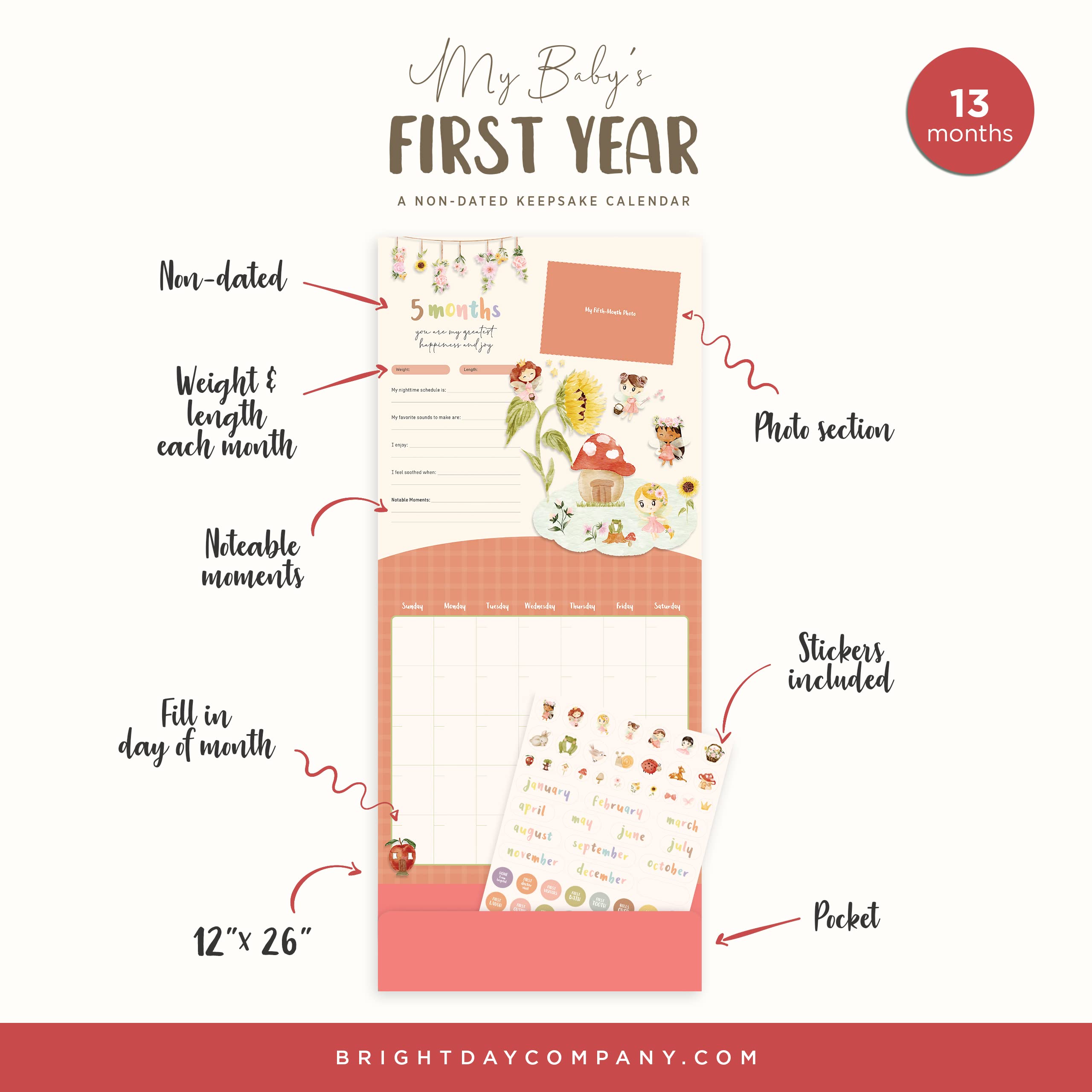 Baby's First Year Book & Calendar with 54 Stickers by Bright Day β Capture Milestones with Baby's First Year Calendar β Keepsake Memory Journal for Newborns, Dinosaur