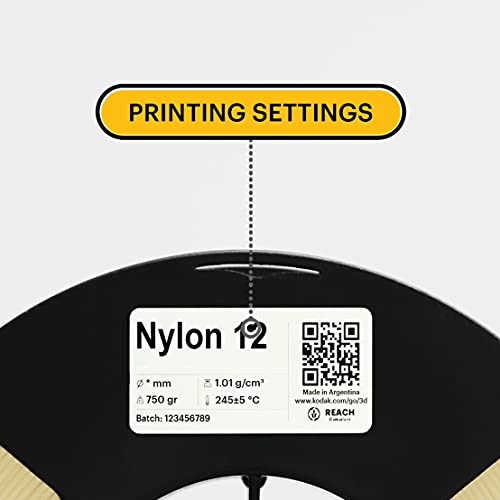 KODAK 3D printer filament NYLON 12 NATURAL color, +/- 0.03 mm, 750g (1.6lbs) Spool, 2.85 mm. Lowest moisture premium filament in Vacuum Sealed Aluminum Ziploc bag. Fit Most FDM Printers