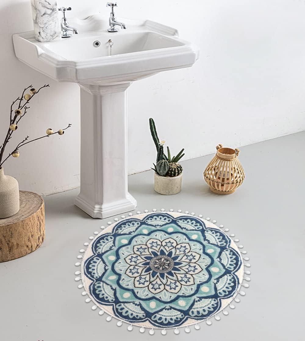 Uphome Small Round Rug 2.3ft Blue Boho Bathroom Rugs with Pom Pom Fringe Non-Slip Washable Mandala Circle Bath Mat Soft Cute Bohemian Throw Rug for Bedroom Sink Dorm Powder Room