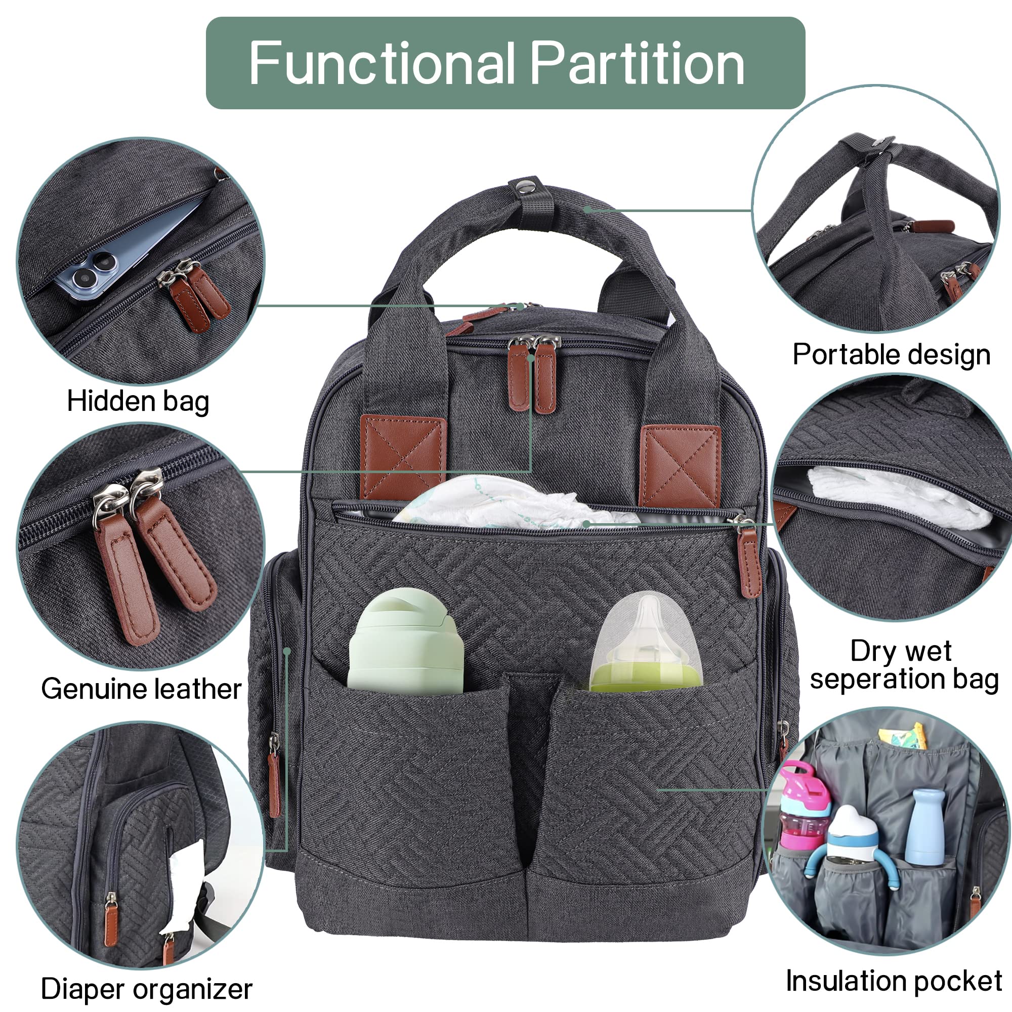 BABYARA Diaper Bag Backpack with Changing Pad, Waterproof Baby Bag with Insulated Pockets, Stroller Straps & Ergonomic Design