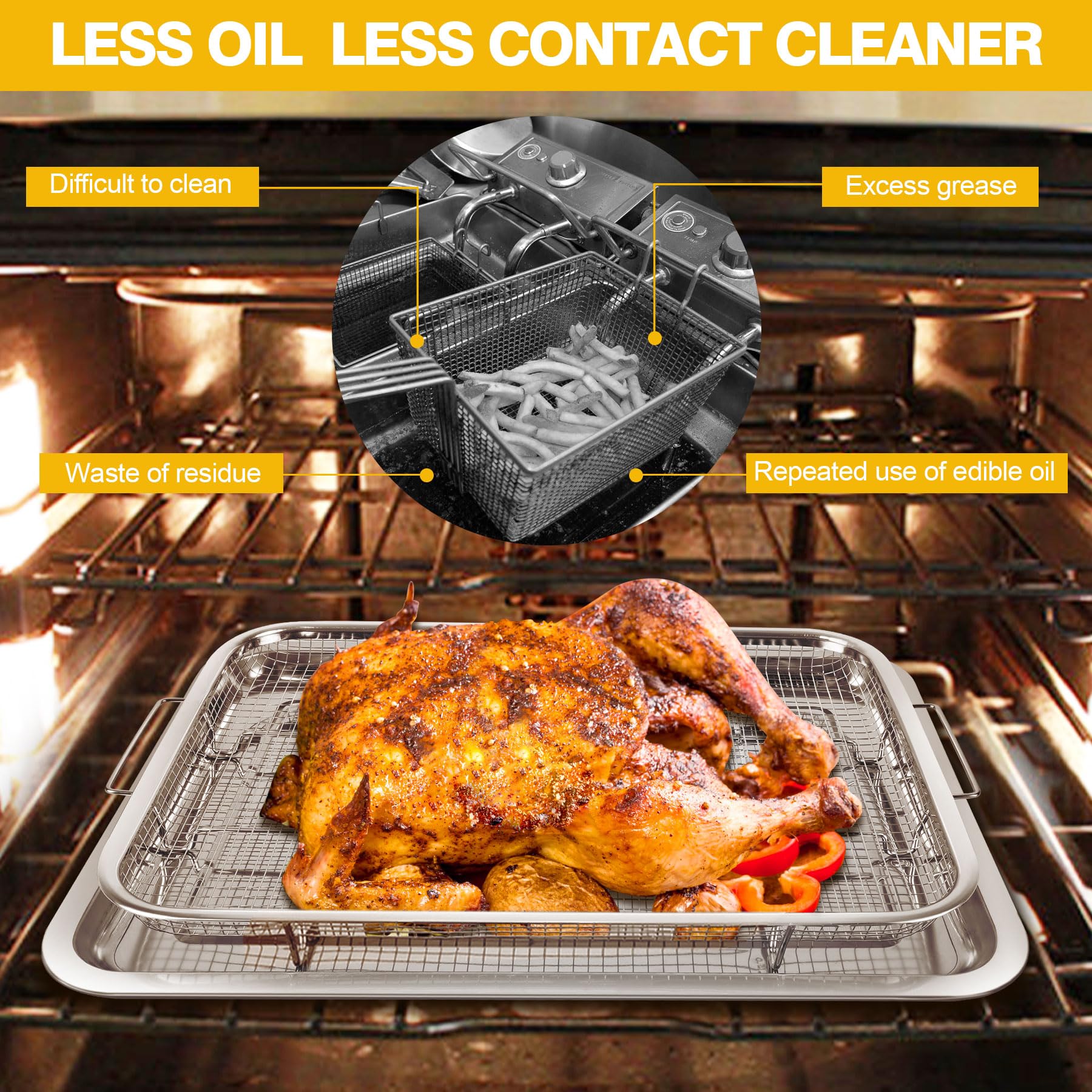 Air Fryer Basket for Oven 2 Set Stainless Steel, Air Fryer Accessories Oven Rack and Crisper Tray, Bacon Cooker Broiler Pan for Oven, Bakeware Sets Oven Rack-2-Set Large & Medium