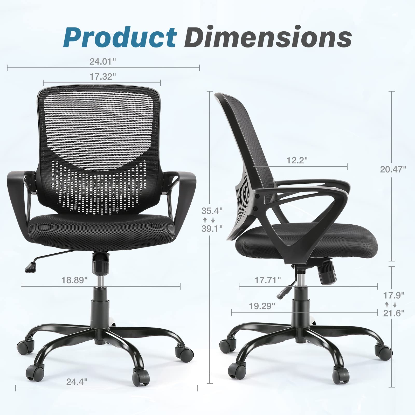 AFO Home Office Chair Mid Ergonomic Lumbar Support and Armrests, Adjustable Height, Breathable Mesh Back, 360 Degree Swirl, Rocking Mode, Black