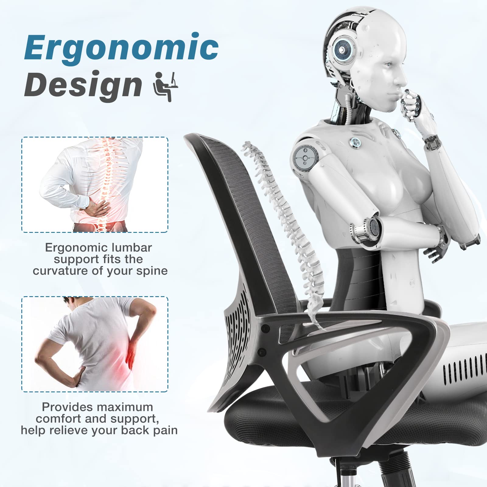 AFO Home Office Chair Mid Ergonomic Lumbar Support and Armrests, Adjustable Height, Breathable Mesh Back, 360 Degree Swirl, Rocking Mode, Black