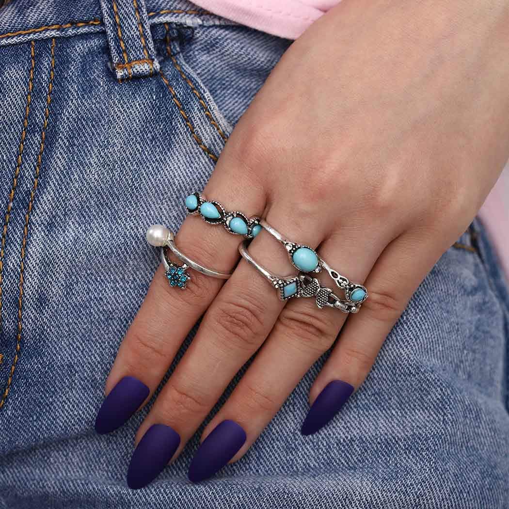 Ajacry Boho Turquoise Knuckle Ring Gold Butterfly Stackable Midi Finger Rings Set Flower Hollowing Joint Rings Set Hand Accessories for Women and Girls (8Pcs)