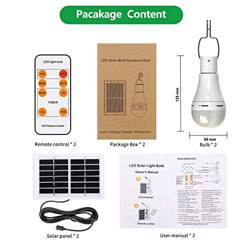 Afoskce Solar Light Bulb Outdoor Rechargeable 300LM Solar Powered Light Led Bulb with Remote Timer, Lighting Sensor, 4 Lighting Mode for Chicken Coops Shed Hiking Camping Hurricane Lighting (2Pack)