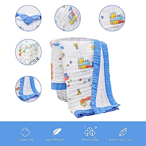 Jay & Ava Baby Muslin Blanket, Soft Toddler Cotton Blanket for Boy, 4 Layers Bed Throws for Baby Crib, Multicolor Printed Summer Quilt for Baby, Large 42β x 42β (Blue Digger)