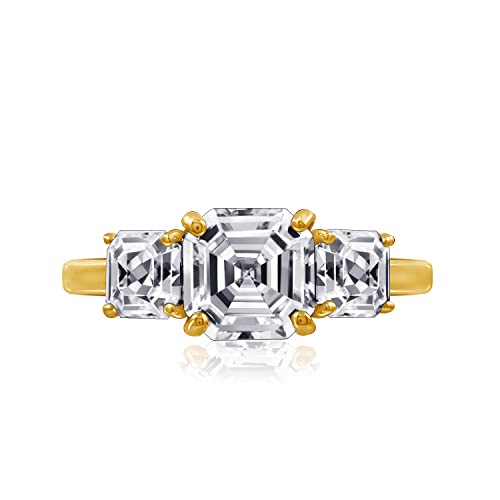Amazon Essentials Yellow Gold Plated Sterling Silver Three-Stone Anniversary Ring set with Asscher Cut Infinite Elements Cubic Zirconia (3 cttw), Size 7, (previously Amazon Collection)